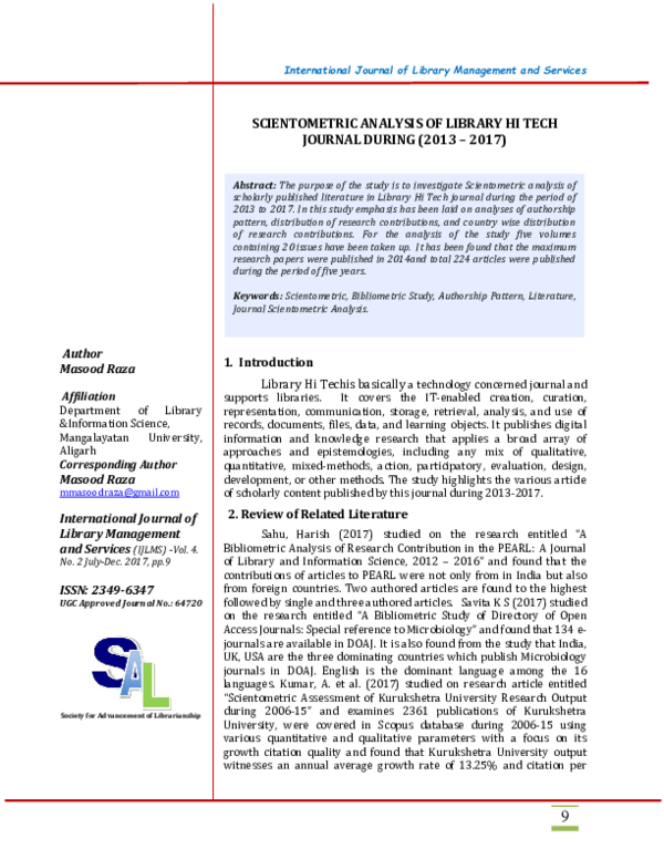 (PDF) Scientometric Analysis of Library Hi Tech During 2013 2017