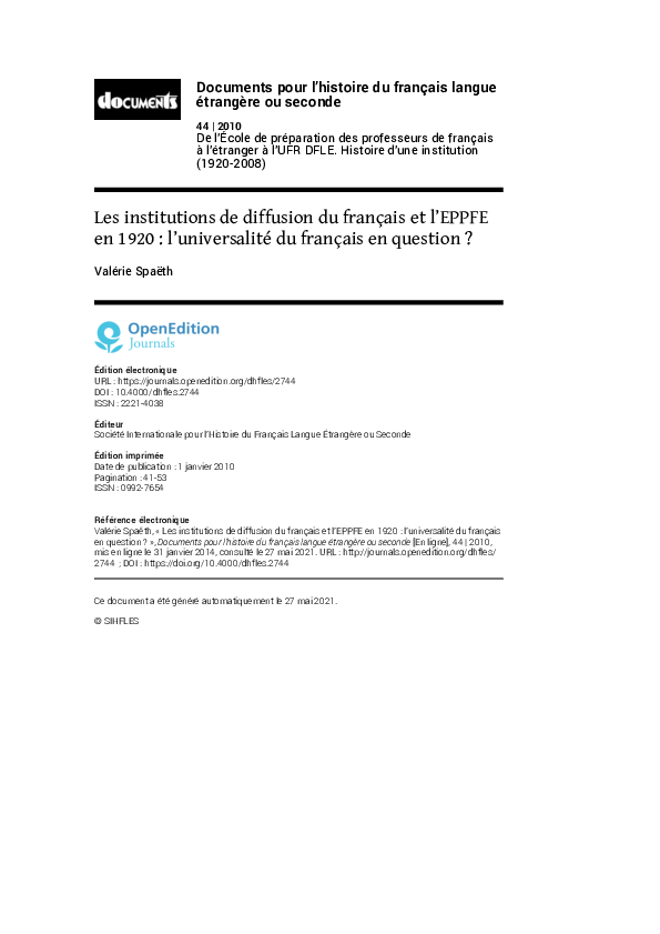 (PDF) Les institutions de diffusion du français et l’EPPFE en 1920 : l ...