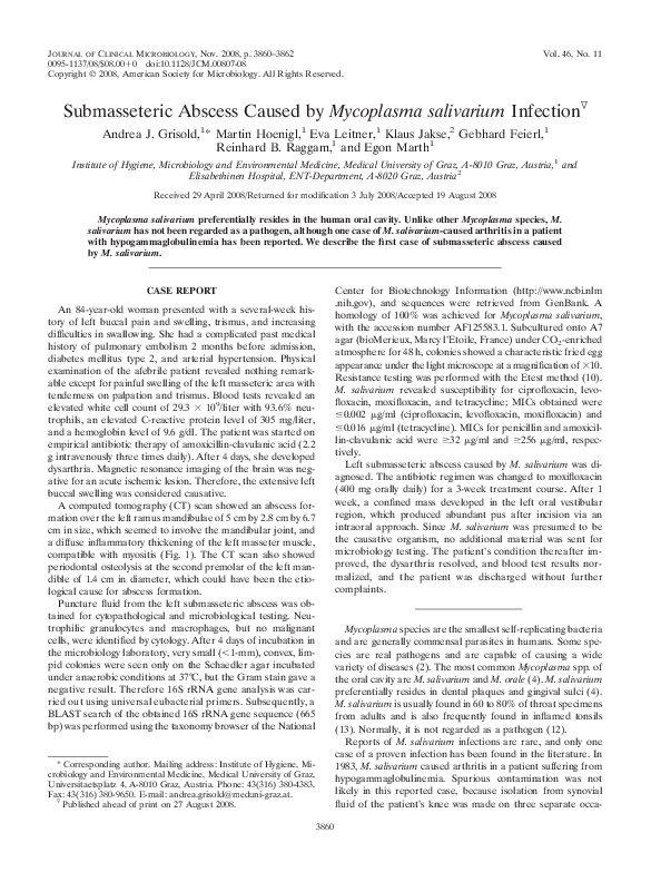 (PDF) Submasseteric Abscess Caused by Mycoplasma salivarium Infection