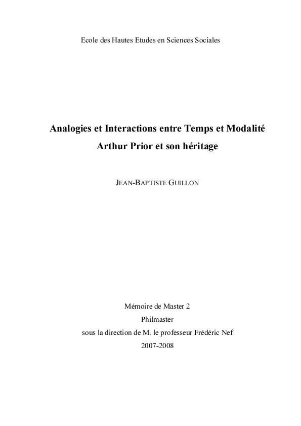 (PDF) Analogies et Interactions entre Temps et Modalité Arthur Prior et ...