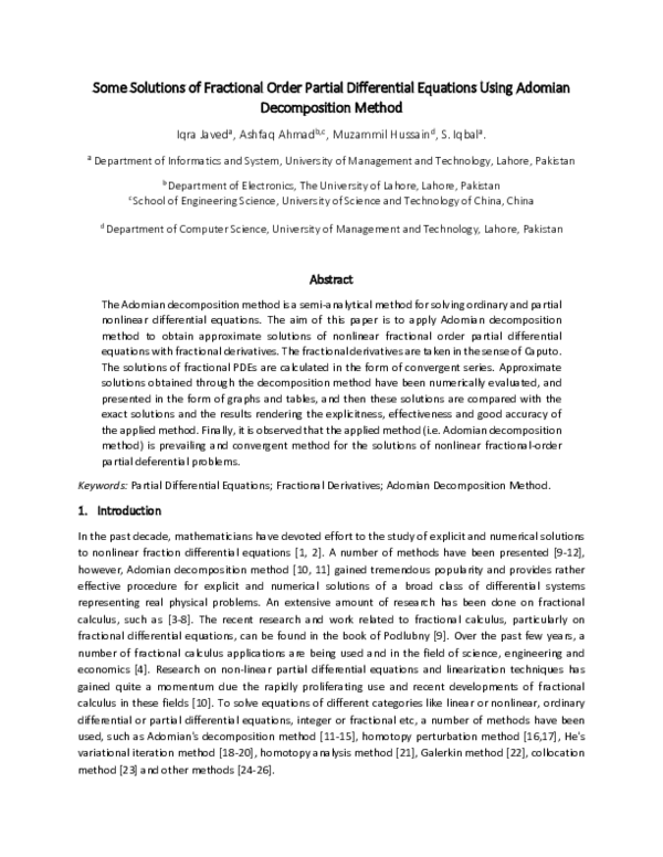 (PDF) Some Solutions of Fractional Order Partial Differential Equations Using Adomian ...