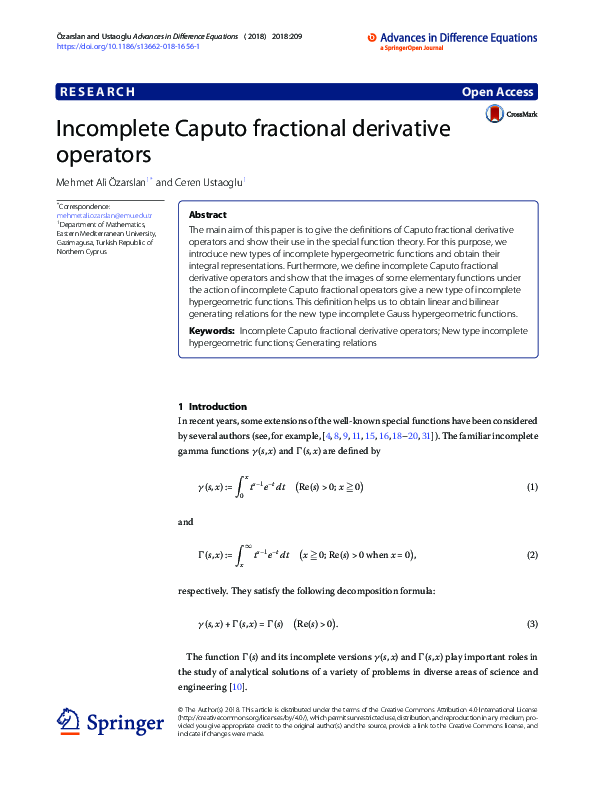 (PDF) Caputo Fractional Derivative Operators and Incomplete Functions