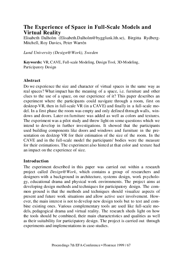 (PDF) The Experience of Space in Full-Scale Models and Virtual Reality