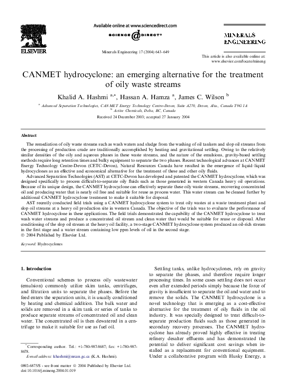 (PDF) CANMET hydrocyclone: an emerging alternative for the treatment of ...