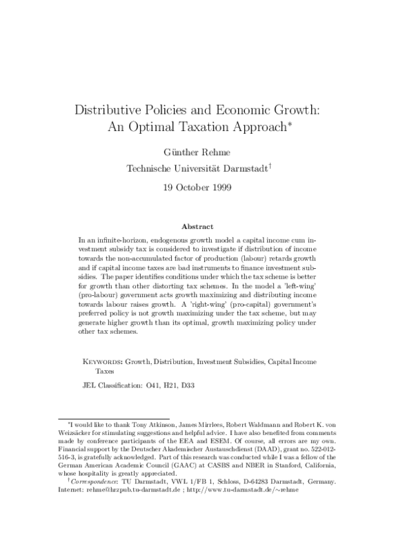 (PDF) Distributive Policies and Economic Growth: An Optimal Taxation ...