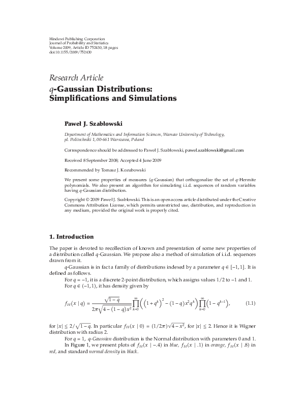 (PDF) q-Gaussian Distributions: Simpliﬁcations and Simulations | Paweł ...
