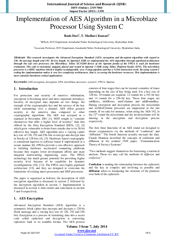 Pdf Implementation Of Aes Algorithm In A Microblaze Processor Using System C 