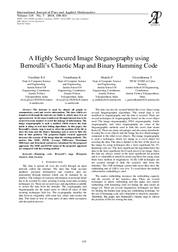 (PDF) A Highly Secured Image Steganography using Bernoulli's Chaotic Map and Binary Hamming Code