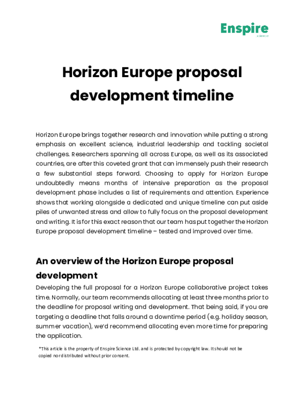 (PDF) Horizon Europe Proposal Development Timeline