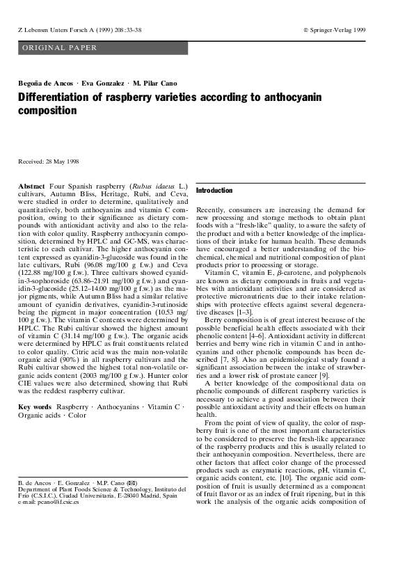 (PDF) Differentiation of raspberry varieties according to anthocyanin composition