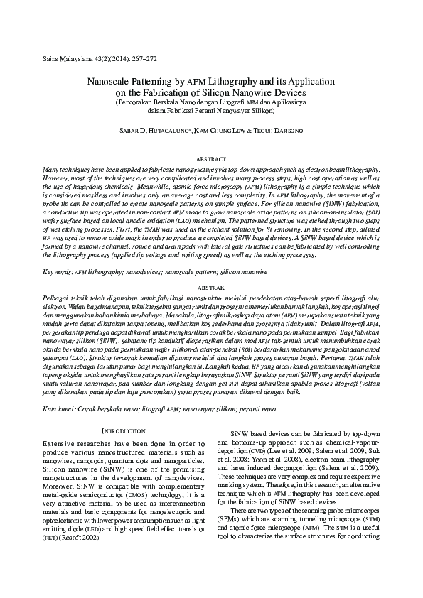 (PDF) Nanoscale patterning by AFM lithography and its applicationon the fabrication of silicon ...