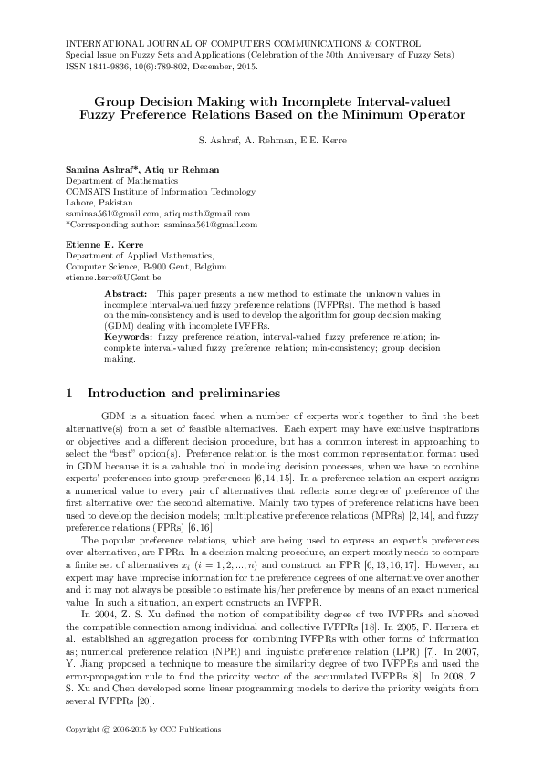 Pdf Group Decision Making With Incomplete Interval Valued Fuzzy Preference Relations Based On