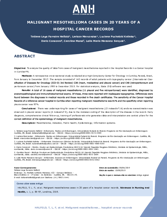 (PDF) Abstract Malignant Mesothelioma Cases in 20 Years of a Hospital ...