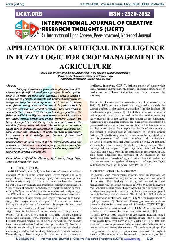 Pdf Application Of Artificial Intelligence In Fuzzy Logic For Crop Management In Agriculture