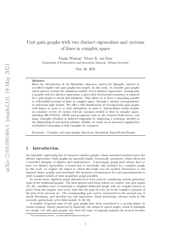 (PDF) Unit gain graphs with two distinct eigenvalue and systems of lines in complex space