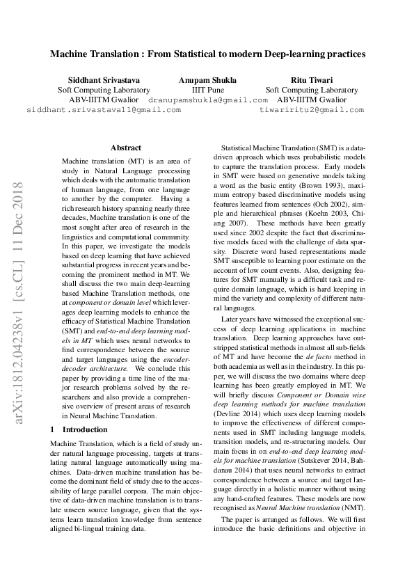 (PDF) Machine Translation : From Statistical to modern Deep-learning ...