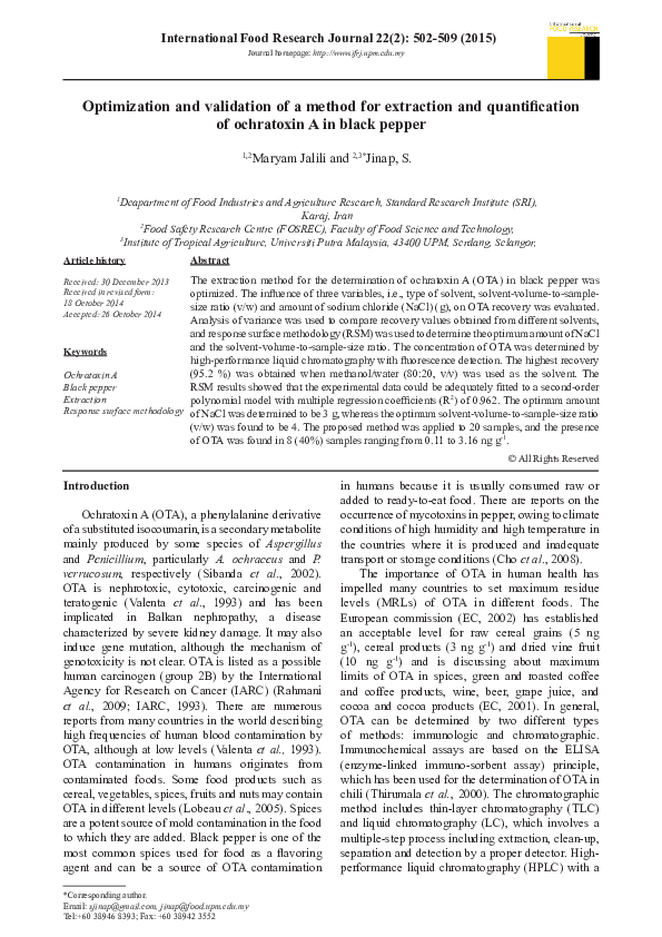 (PDF) Optimization and validation of a method for extraction and quantification of ochratoxin A ...