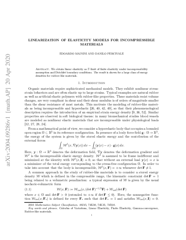 (PDF) Linearization of elasticity models for incompressible materials
