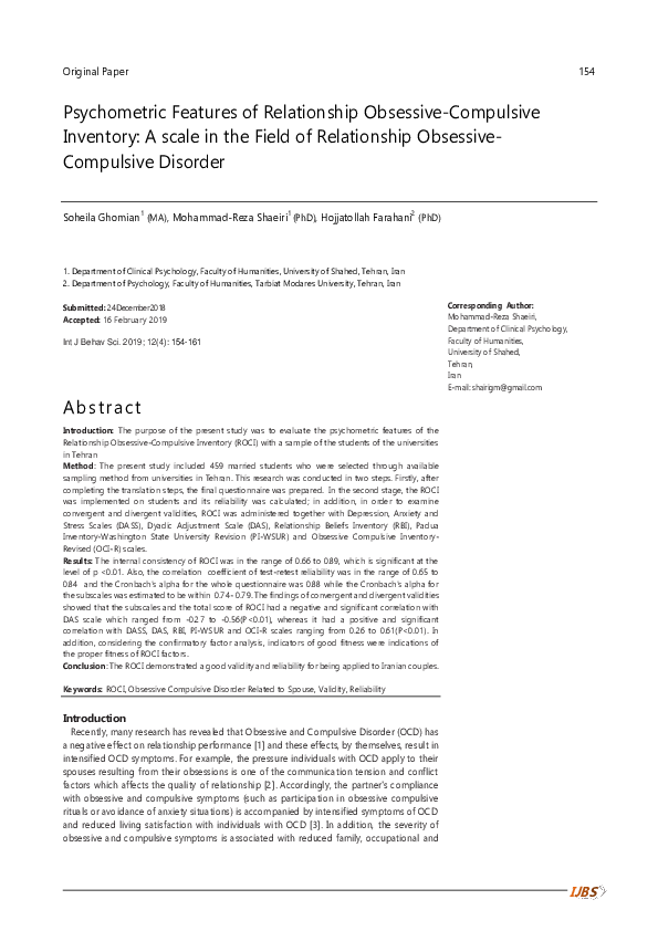 (PDF) Psychometric Features of Relationship Obsessive-Compulsive ...