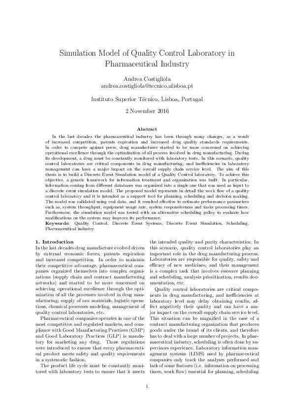 (PDF) Simulation Model of a Quality Control Laboratory in ...