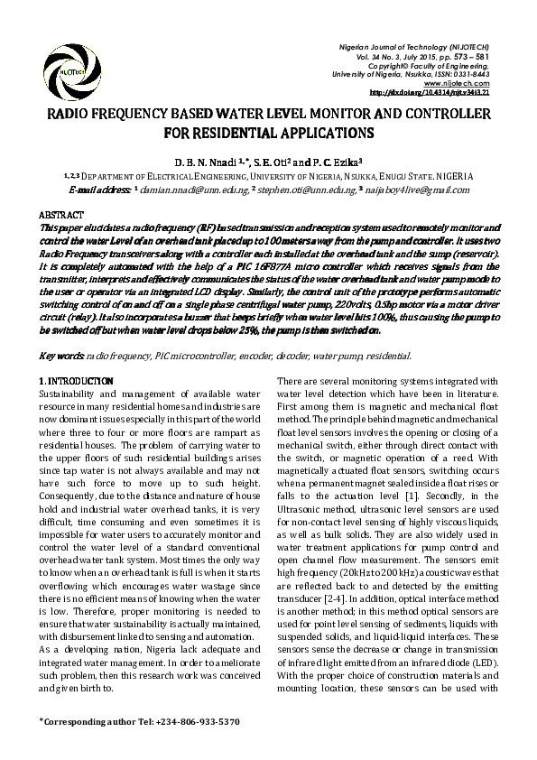 (PDF) Radio Frequency Based Water Level Monitor and Controller for ...