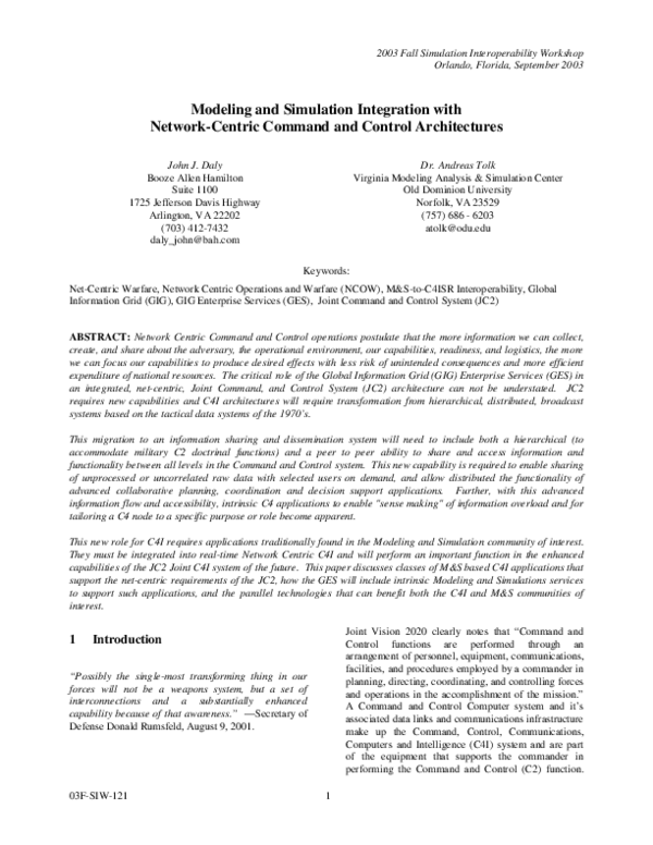 Pdf Modeling And Simulation Integration With Network Centric Command And Control Architectures