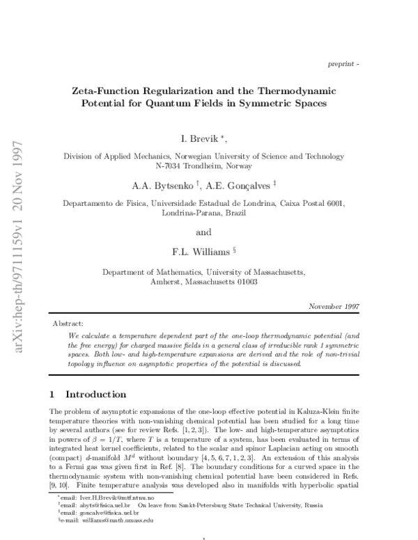 (PDF) preprint- Zeta-Function Regularization and the Thermodynamic ...