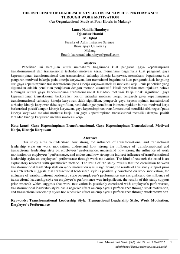 (PDF) THE INFLUENCE OF LEADERSHIP STYLES ON EMPLOYEE’S PERFORMANCE THROUGH WORK MOTIVATION (An ...