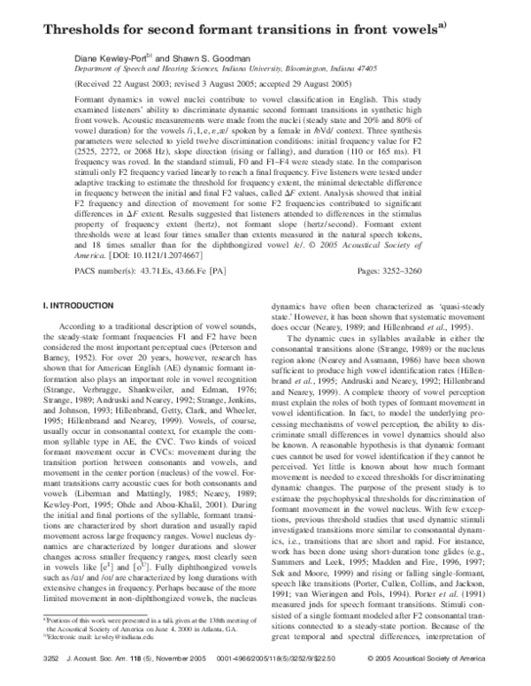 (PDF) Thresholds for second formant transitions in front vowels