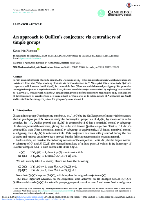 (PDF) An approach to Quillen’s conjecture via centralisers of simple ...