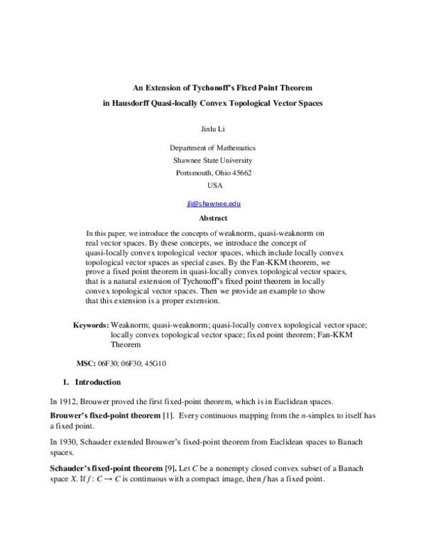 (PDF) An Extension of Tychonoff Fixed Point Theorem