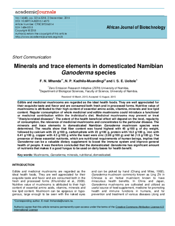 (PDF) Minerals and trace elements in domesticated Namibian Ganoderma species