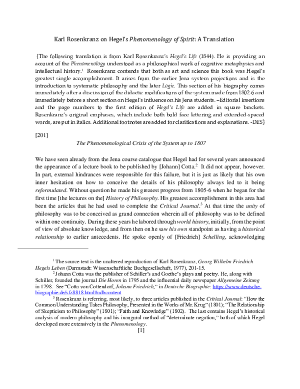(PDF) Karl Rosenkranz on Hegel's Phenomenology: A Translation