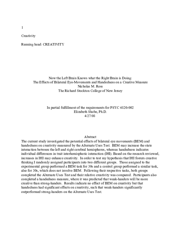 (PDF) Running head: CREATIVITY Now the Left Brain Knows what the Right ...