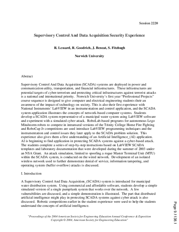 (PDF) Supervisory Control And Data Acquisition Security Experience