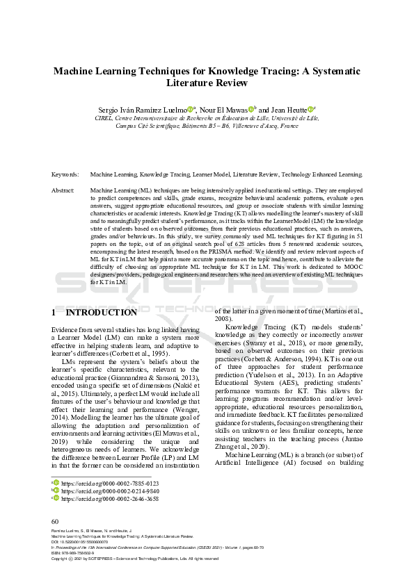 (PDF) Machine Learning Techniques for Knowledge Tracing: A Systematic ...