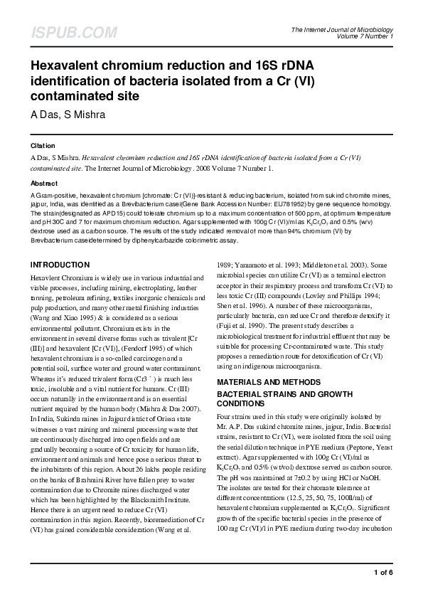 (PDF) Hexavalent chromium reduction and 16S rDNA identification of ...