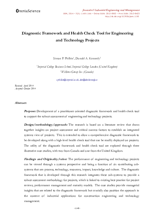 (PDF) Diagnostic framework and health check tool for engineering and technology projects