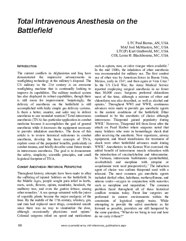 (PDF) Total intravenous anesthesia on the battlefield