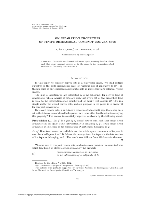Pdf On Separation Properties Of Finite Dimensional Compact Convex Sets