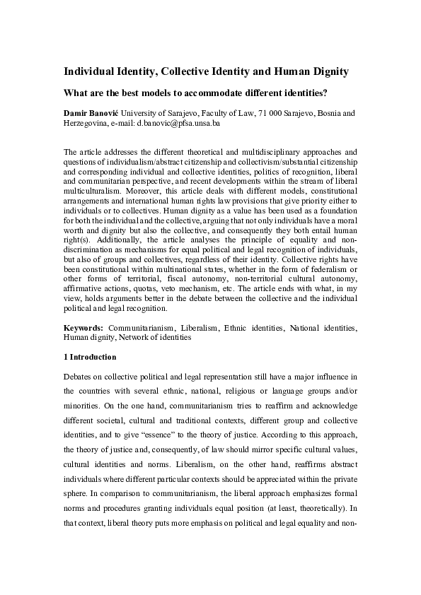 (PDF) Individual Identity, Collective Identity and Human Dignity What ...