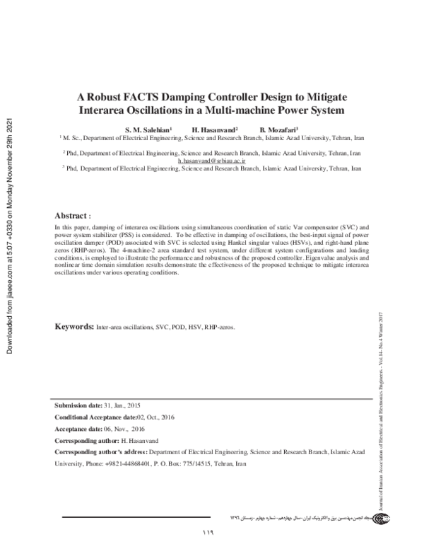 (PDF) A Robust FACTS Damping Controller Design to Mitigate Interarea Oscillations in a Multi ...