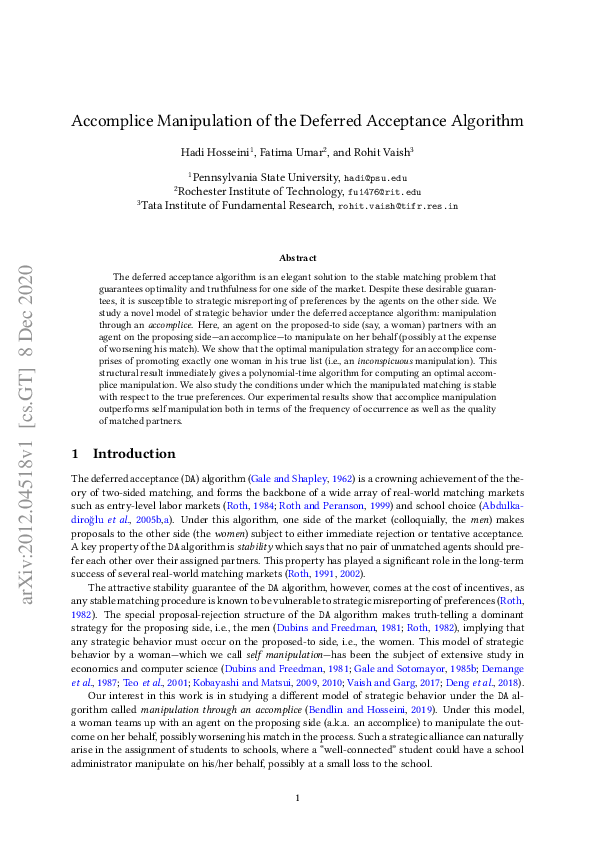 (PDF) Accomplice Manipulation of the Deferred Acceptance Algorithm