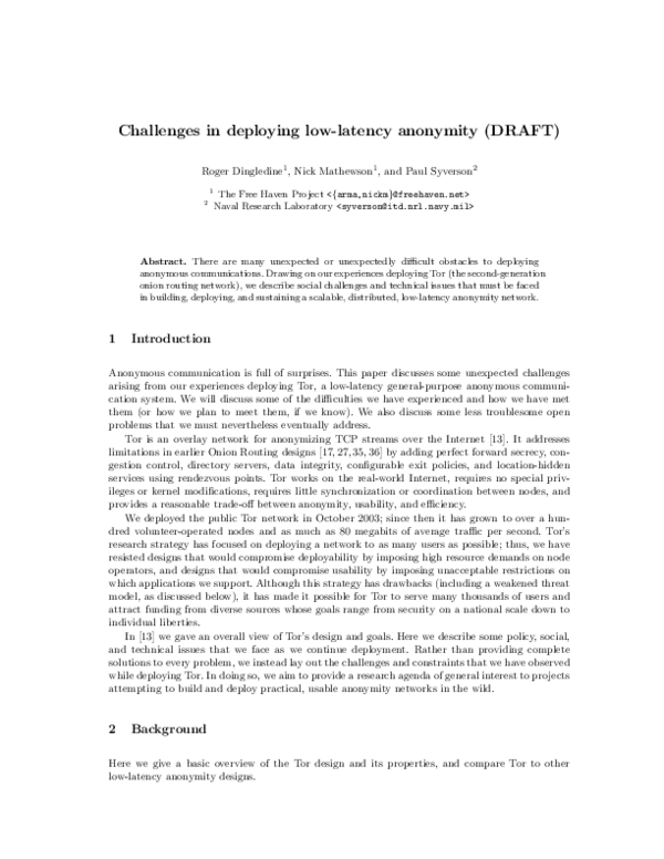 (PDF) Challenges in deploying low-latency anonymity