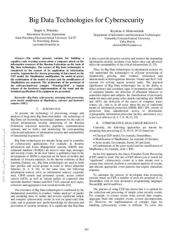 (PDF) Big Data Technologies for Cybersecurity