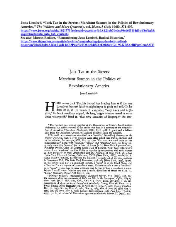 (PDF) Jesse Lemisch, “Jack Tar in the Streets: Merchant Seamen in the ...