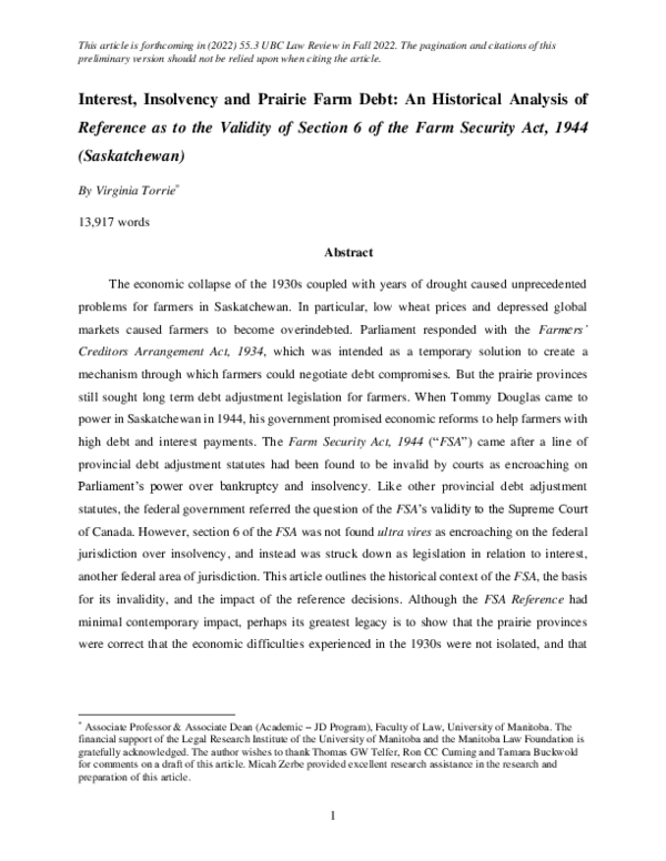 (PDF) Interest, Insolvency and Prairie Farm Debt: An Historical ...