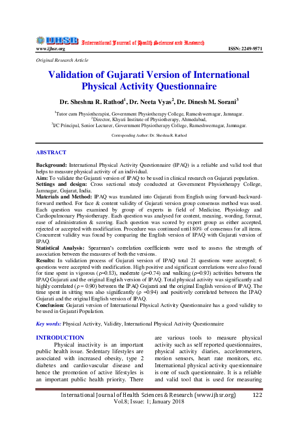 (PDF) Validation of Gujarati Version of International Physical Activity ...