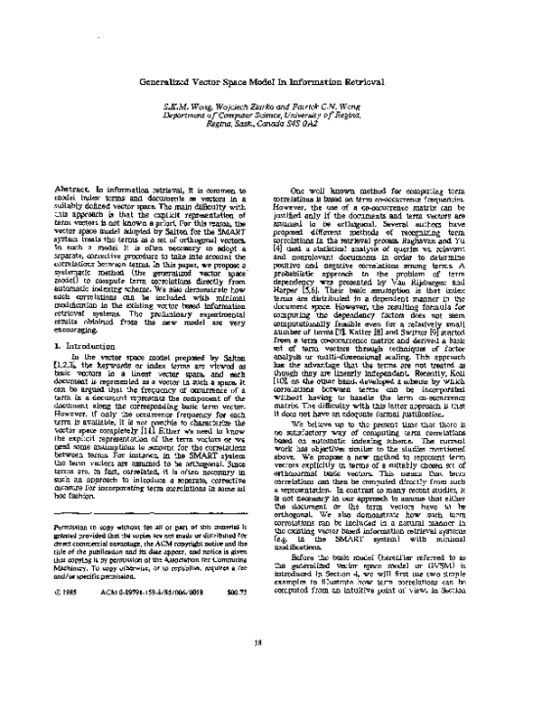 Pdf Generalized Vector Spaces Model In Information Retrieval