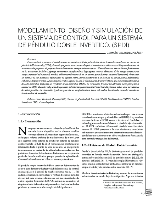 (PDF) Modelamiento, Diseño y Simulación De Un Sistema De Control Para Un Sistema De Péndulo ...